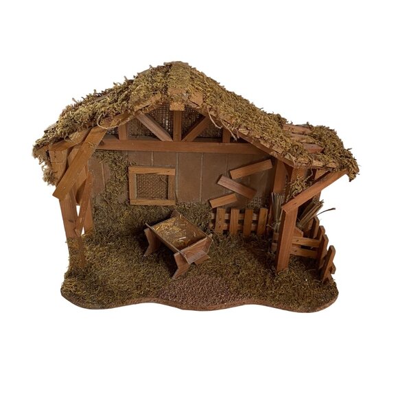 Holiday | Rustic Handcrafted Wooden Nativity Stable With Moss Roof For ...